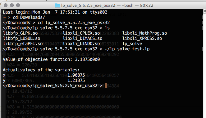 This shows us that lpsolve solved the LP, and printed out the solution ...